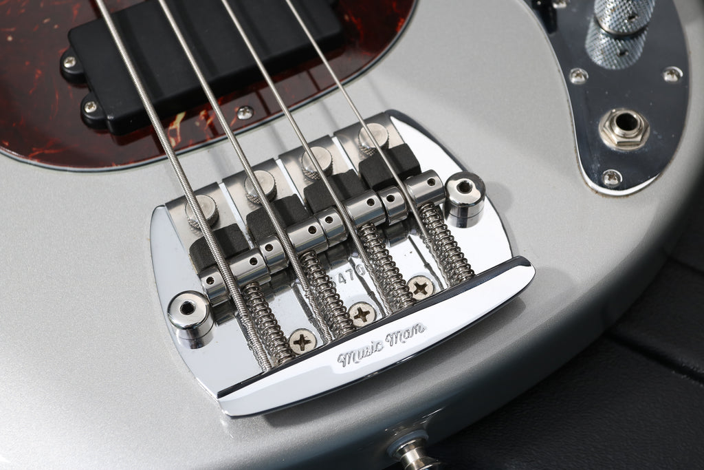2013 Music Man Classic Sabre 4, Mayan Silver – Andy Baxter Bass & Guitars